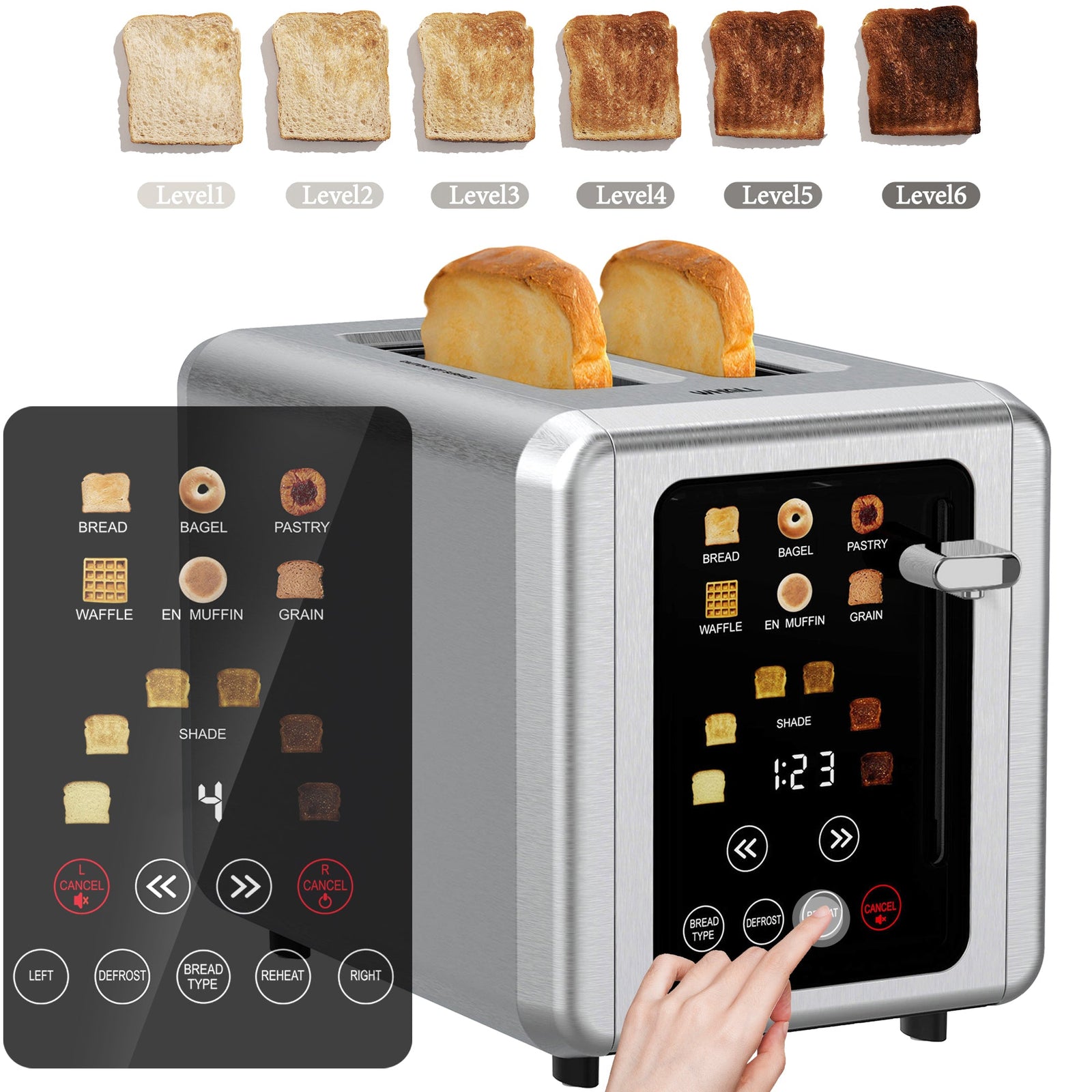 WHALL Toaster 2 Slice, Touch Screen Toasters, Smart Bread Toaster, Sta