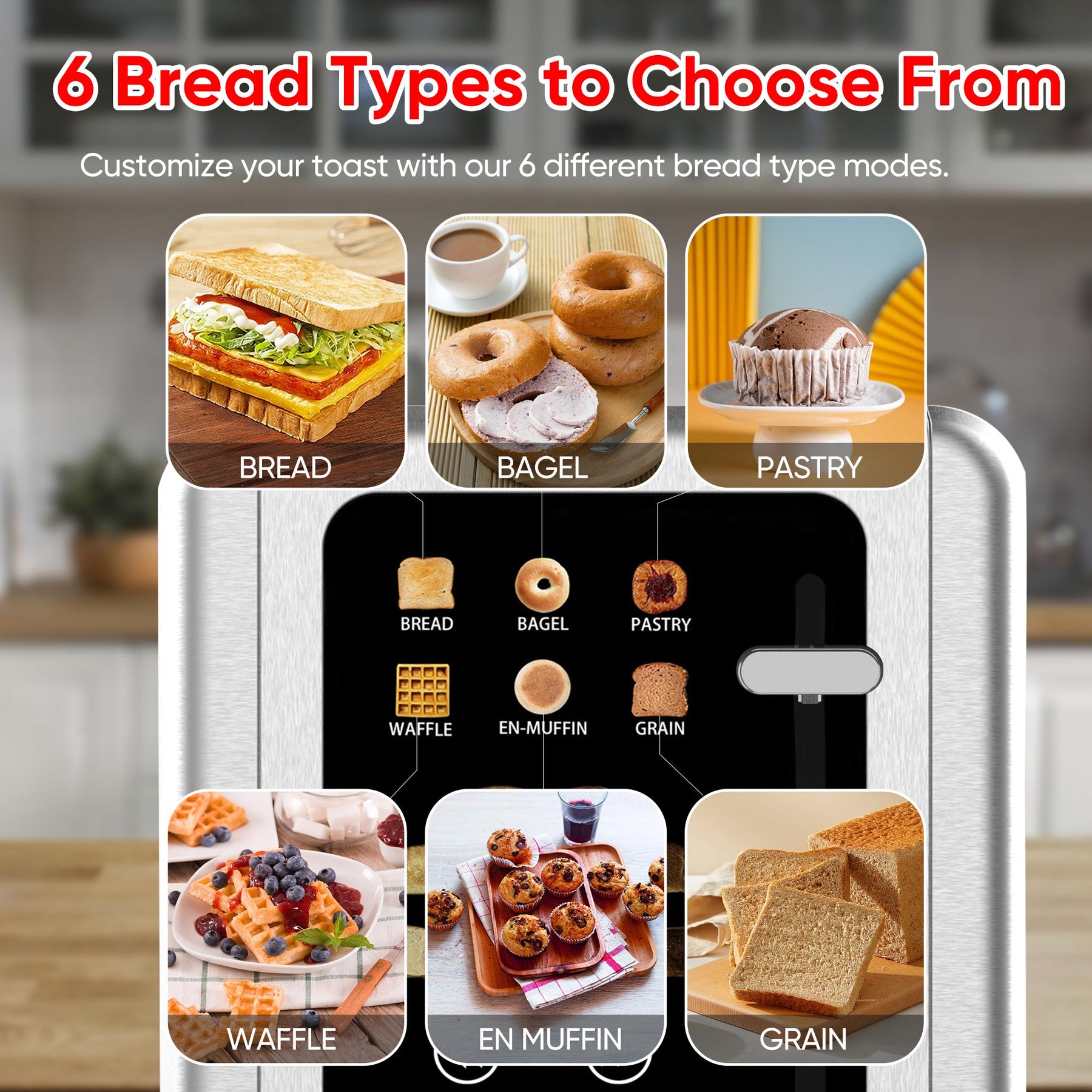 WHALL Toaster 2 Slice, Touch Screen Toasters, Smart Bread Toaster, Sta