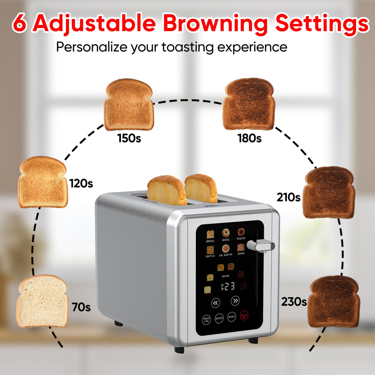 WHALL Toaster 2 Slice, Touch Screen Toasters, Smart Bread Toaster, Sta